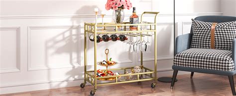 Vevor 2 Tiers Gold Metal Bar Serving Cart With Wine Rack Glass Holder