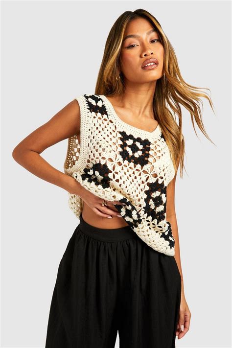 Premium Patchwork Monochrome Crochet Top Boohoo Uk