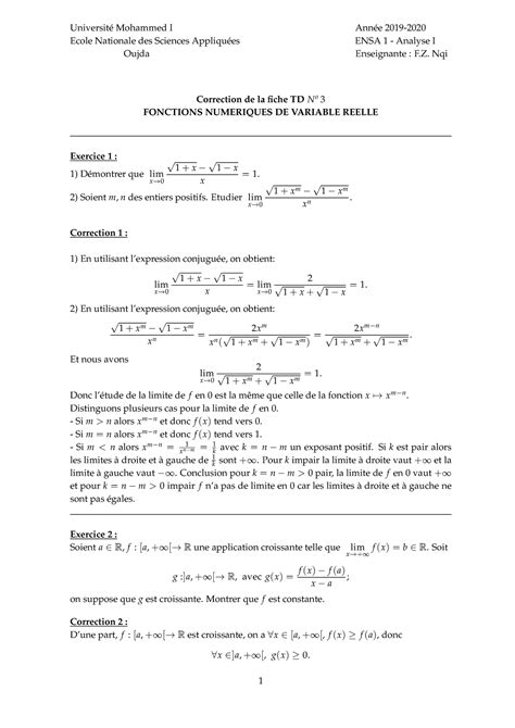 Correction Fiche Cours Td Universit E Mohammed I Ann Ee Ecole Nationale Des