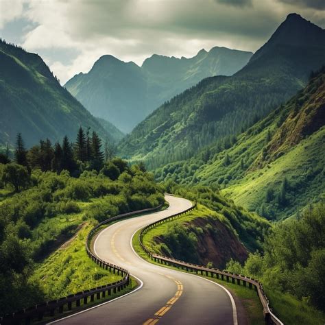 Winding Road In The Mountains Beautiful Landscape Premium AI