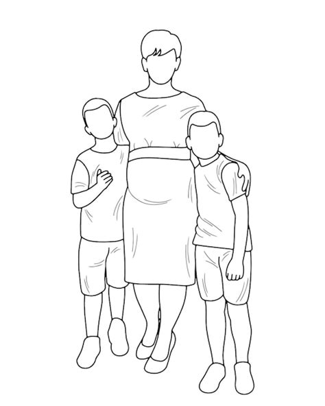 Sketch Silueta De Una Madre Embarazada Abrazando A Sus Dos Hijos