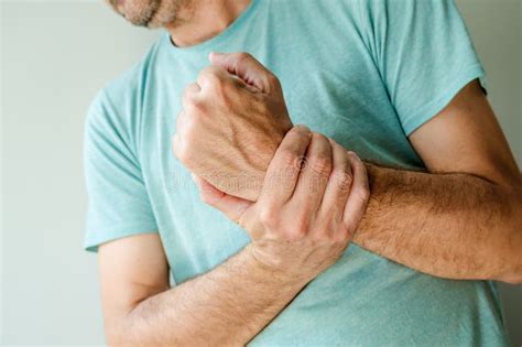 Severe Wrist Pain Symptoms Man With Painful Medical Condition Stock