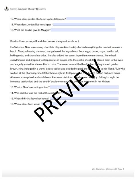 Wh Questions For Reading Comprehension Worksheet For Speech Therapy Editable Fillable