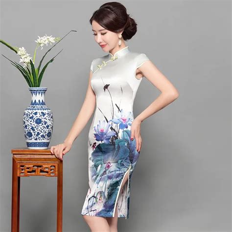 New Arrival White Cheongsam Slim Silk Sexy Flower Mandarin Collar