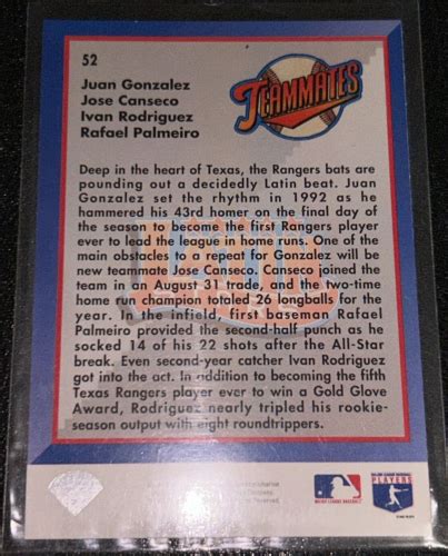 1993 Upper Deck Teammates 52 Rafael Palmeiro Ivan Rodriguez Jose