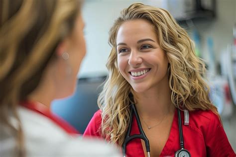 Premium Photo Smiling Woman In Red Shirt With Stethoscope Talking To