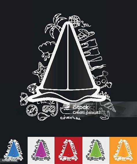 Stiker Kertas Perahu Layar Dengan Elemen Yang Digambar Tangan Ilustrasi