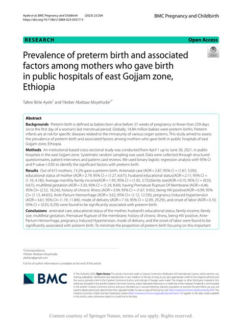 Pdf Prevalence Of Preterm Birth And Associated Factors Among Mothers