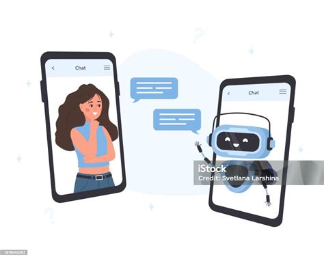 챗봇 개념 스마트폰 화면에서 로봇과 채팅하는 여자 Ai 비즈니스 비서 온라인 고객 지원 및 Faq 인공 지능 기술 평면 만화