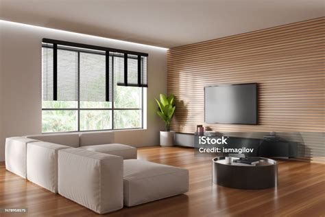 소파와 Tv 화면 서랍 파노라마 창문이 있는 현대적인 차가운 인테리어 거실에 대한 스톡 사진 및 기타 이미지 거실 건축