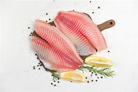 허브 향신료 로즈마리와 레몬 스테이크 또는 샐러드 슬라이스 신선한 생선 필레 흰색 돌 배경에 원시 틸라피아 필레 생선과 소금과