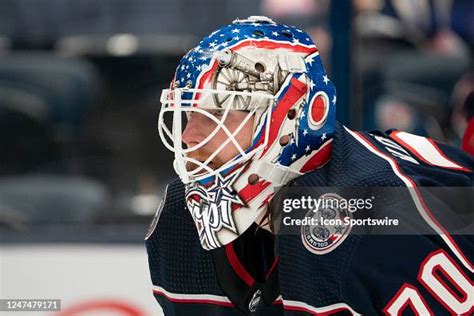 Columbus Blue Jackets Goaltender Joonas Korpisalo Looks On During The