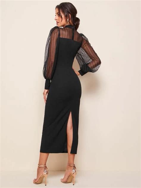 Shein Mock Neck Lantern Sleeve Mesh Yoke Dress Onehub