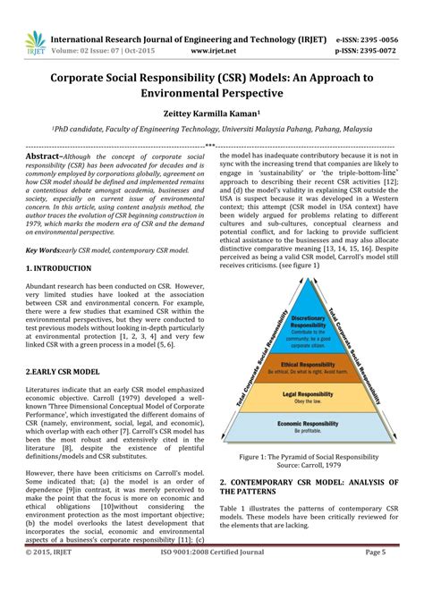 Pdf Corporate Social Responsibility Csr Models An Approach To Environmental Perspective