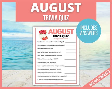 August Trivia Game Summer Trivia Quiz Summer Games Summer Printable