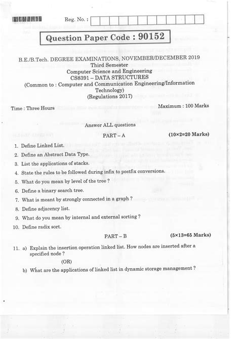 Anna University Cs 8391 Data Structures For Computer Science And Engineering Novemberdecember