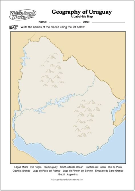 Mapa físico mudo de Uruguay Mapa mudo de ríos y montañas de Uruguay WorksheetWorks Mapas