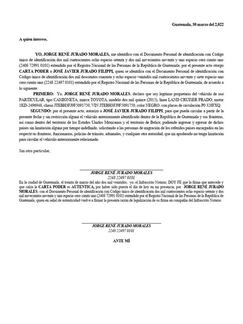 Carta Poder Para Sacar Vehículo Del País Pdf Guatemala