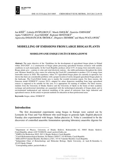 Pdf Modelling Of Emissions From Large Biogas Plants