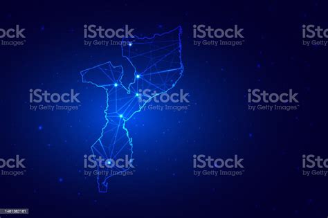 다각형 파란색 선과 빛나는 모잠비크의 추상지도 0명에 대한 스톡 벡터 아트 및 기타 이미지 0명 3차원 형태 개념