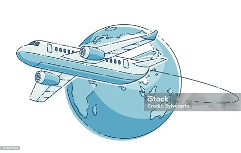 지구 행성 비행기 정기 여객기 항공사 항공 여행 상징 또는 그림 아름 다운 얇은 라인 벡터 흰색 배경에 고립입니다 3차원 형태에 대한 스톡 벡터 아트 및 기타 이미지