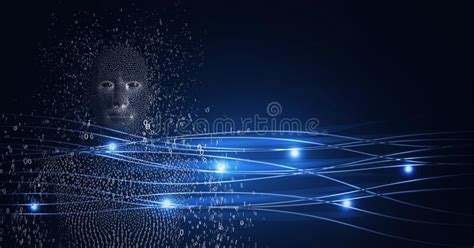 Composition Of Exploding Human Bust Formed With Binary Coding Over Light Trails Stock