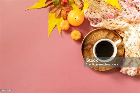가을 아침 식사 구성 낙엽 뜨거운 커피 한잔 따뜻한 스카프 아늑한 가을 시즌 컨셉 위에서 본 모습 공간을 복사합니다 0명에 대한