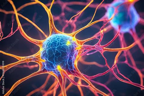 Close-up of a neuron and synapse with glowing neural connections and electrical impulses ...