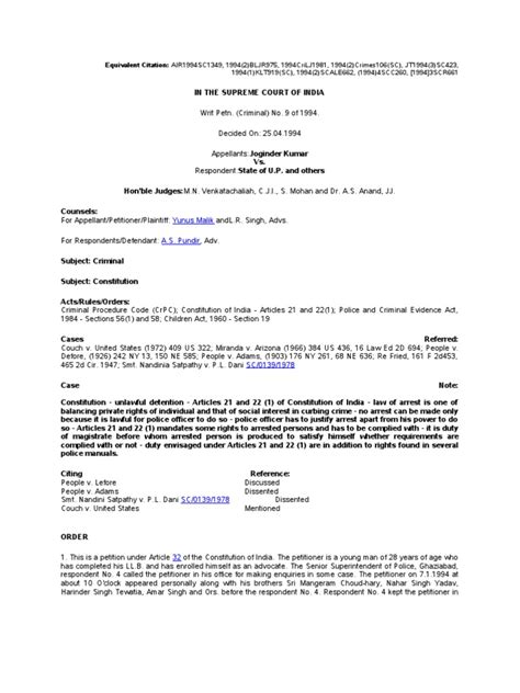 Joginder Kumar Vs State Of Up 1994 4 Scc 260 Pdf Arrest Police