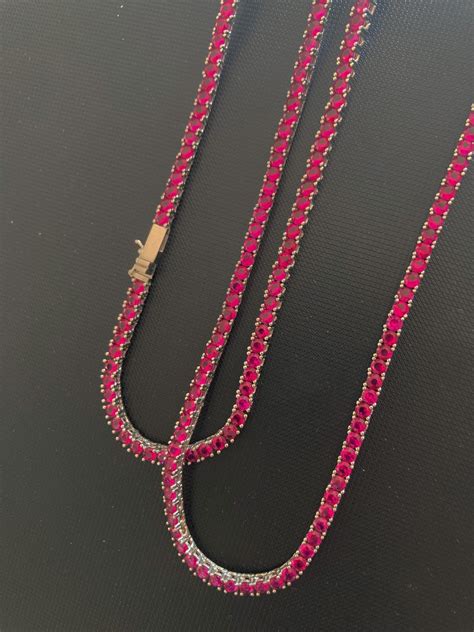 925 Sterling Silver Ruby Tennis Necklace Red Stone Jewelry Etsy