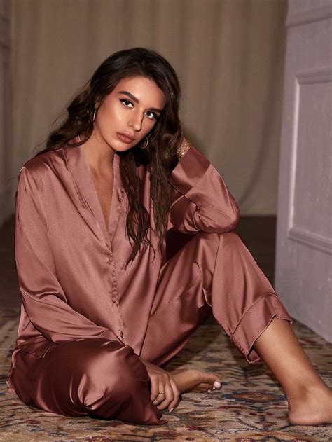 Shawl Collar Satin Night Set Satin Pyjama Set Clothes For Women