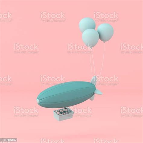 파스텔 배경에 바구니에 존재하는 풍선과 비행선의 최소한의 개념 3d 렌더링 0명에 대한 스톡 사진 및 기타 이미지 0명 3