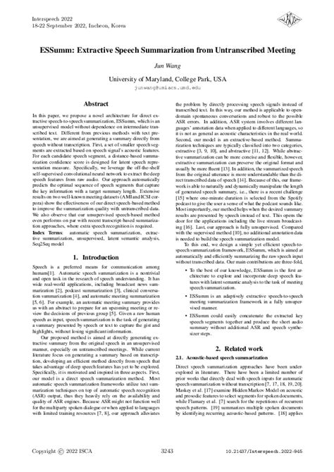 Pdf Essumm Extractive Speech Summarization From Untranscribed Meeting