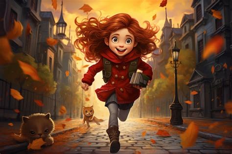 Premium Photo A Cute Catoon Style Girl Is Playing On The Street