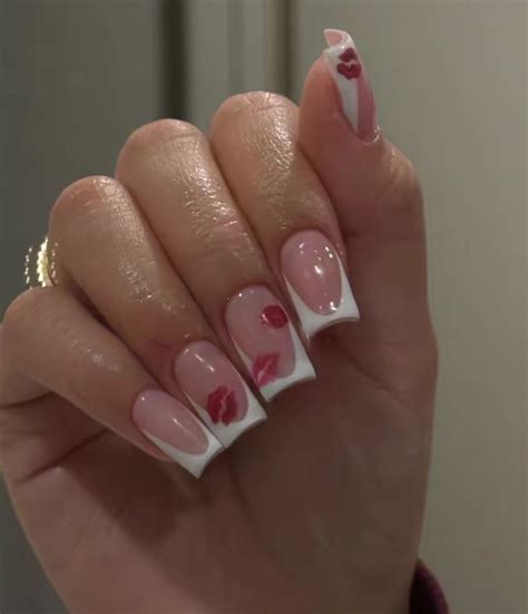White French Tip With Kiss Designs Valentines Day In 2025 Girly Acrylic Nails Pink Acrylic