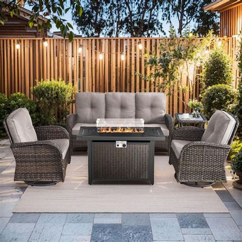 Bellefurn Rotavia Brown Wicker 5 Piece Outdoor Rectangular Fire Pit Table Patio Conversatoin