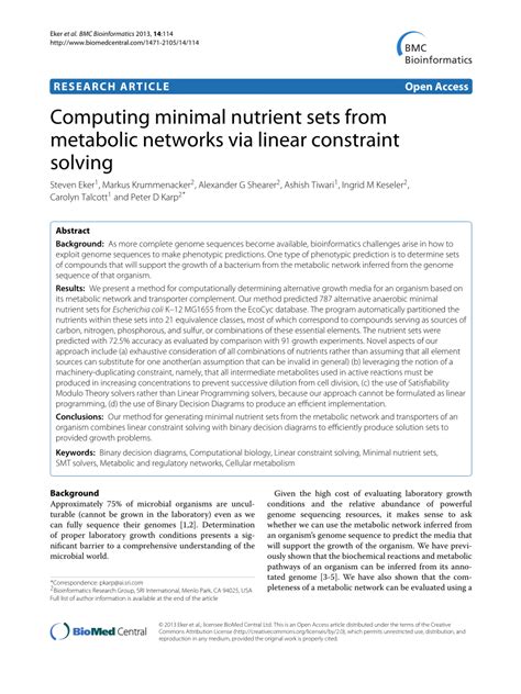 Pdf Computing Minimal Nutrient Sets From Metabolic Networks Via