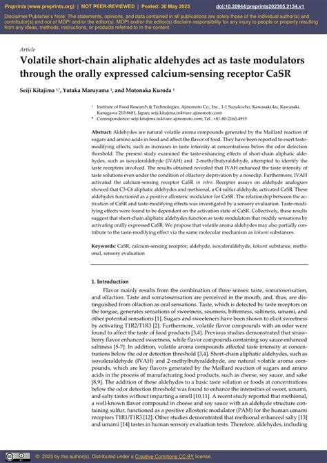 Pdf Volatile Short Chain Aliphatic Aldehydes Act As Taste Modulators Through The Orally