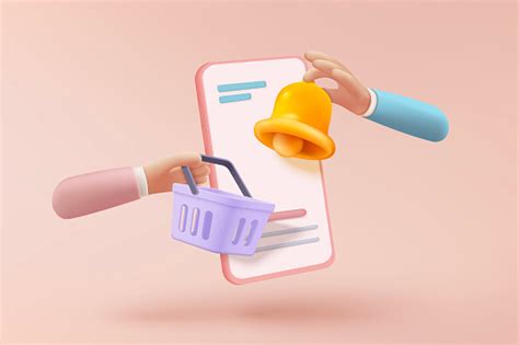 벨 아이콘과 푸시 버블 알림 온라인 개념과 3d 쇼핑백 할인 프로모션을위한 바구니 경고 구매 및 판매를위한 쇼핑백 3d 벨 알람