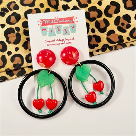 1950s Style Cherry Earrings 50s Hoops Rockabilly Pinup Fifties Retro