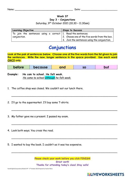Conjunctions Online Exercise For Year 4 Live Worksheets