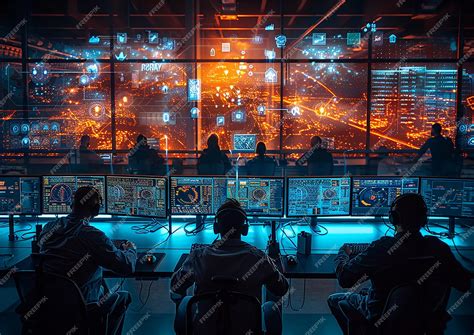 Cybersecurity Command Center Monitors Displayed Premium Ai Generated Image