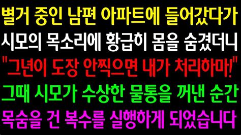 실화사연 별거 중인 남편 집에 들어갔다 시모 목소리에 황급히 숨었더니 그년이 도장 안찍으면 내가 처리하마 그때 시모가 수상한 물통을 꺼낸 순간 목숨을 건 복수를