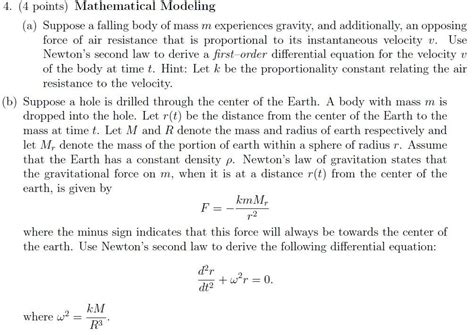 Solved Mathematical Modeling Suppose A Falling Body Of Mass