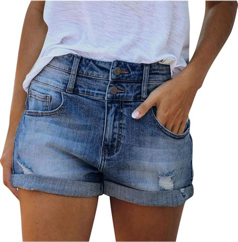 Wgnnaa Damen High Waist Basic Jeansshorts Bequeme Kurze Jeans Hosen
