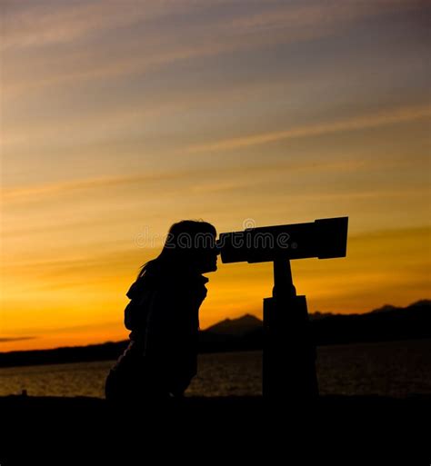 Silhouette Of Woman Looking Through Telescope Stock Image Image Of