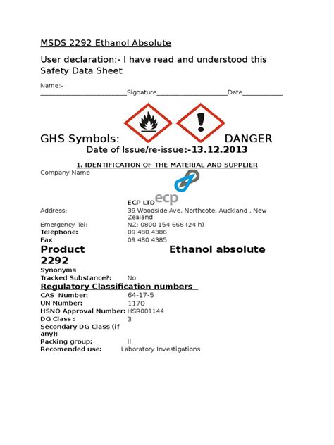 Msds Ethanol Flammability Dangerous Goods