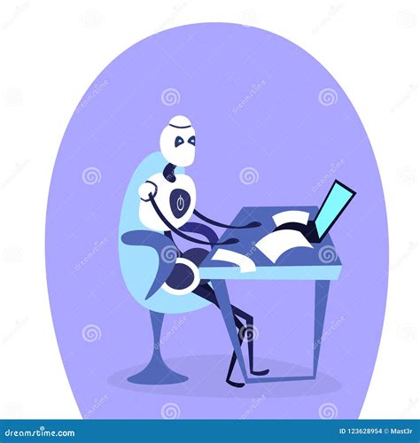 modern robot sitting office workplace using laptop bot helper