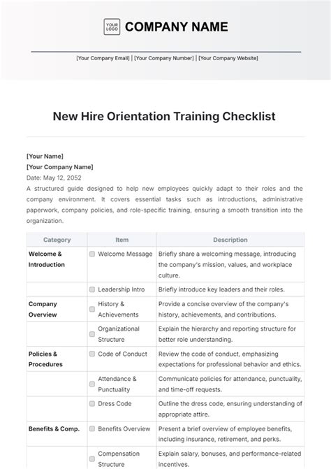 Free New Hire Orientation Training Checklist Template To Edit Online
