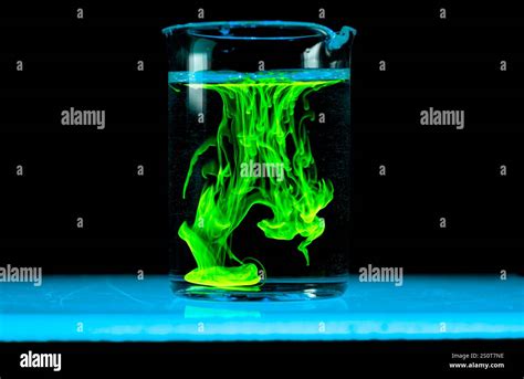 Dissolution And Spread Of A Green Substance In A Flask With A Clear